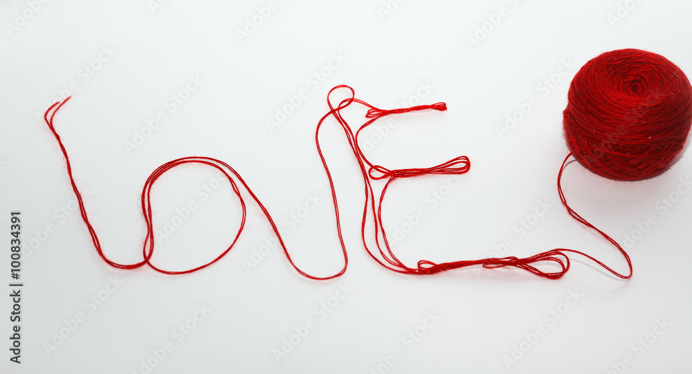 Word love written with red wool thread isolated over white backg Stock ...