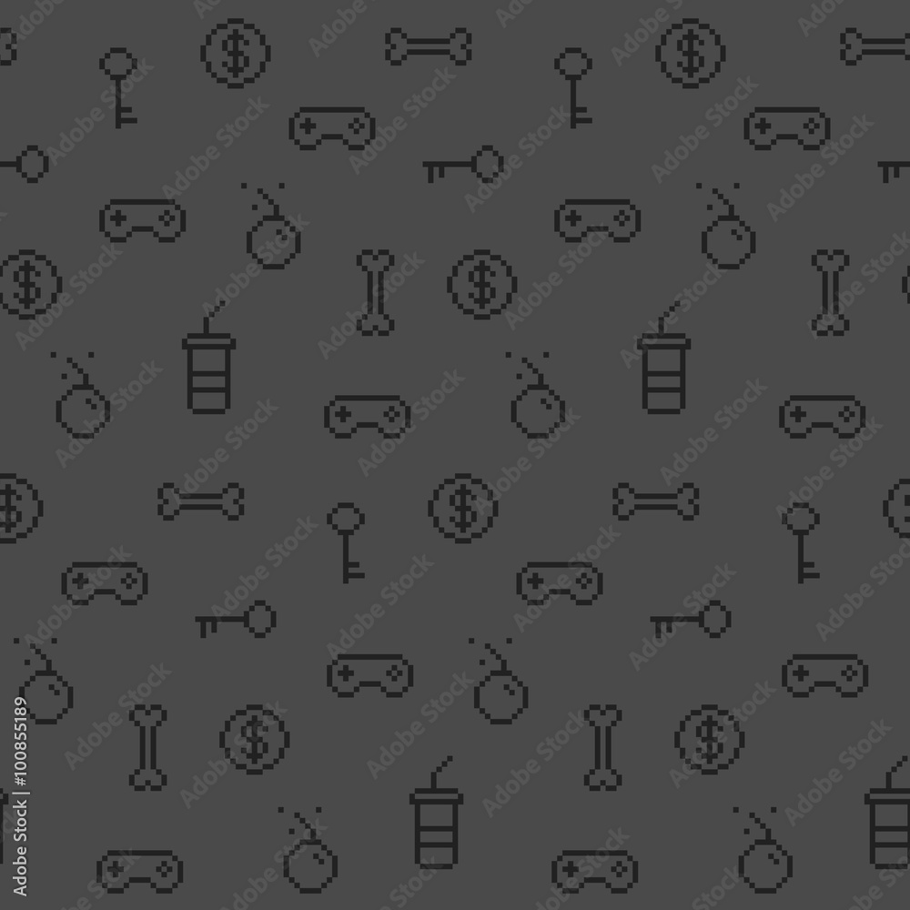 Seamless oldschool gaming inspired pattern, game icons, achievem Stock ...