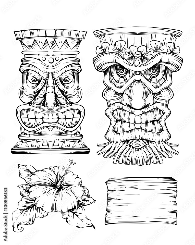 Tiki Line Art Design Elements Stock Vector | Adobe Stock