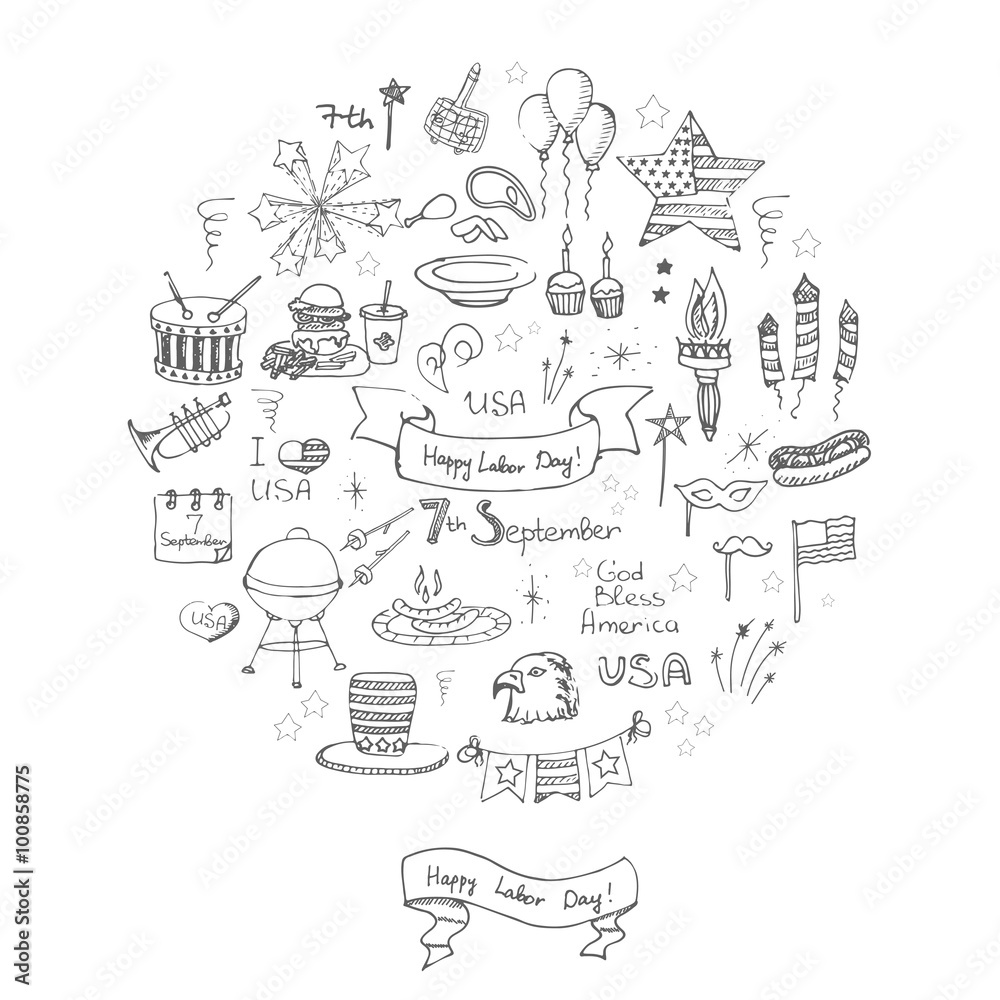 Set of hand drawn vector illustration elements Happy Labor Day, 7th of ...