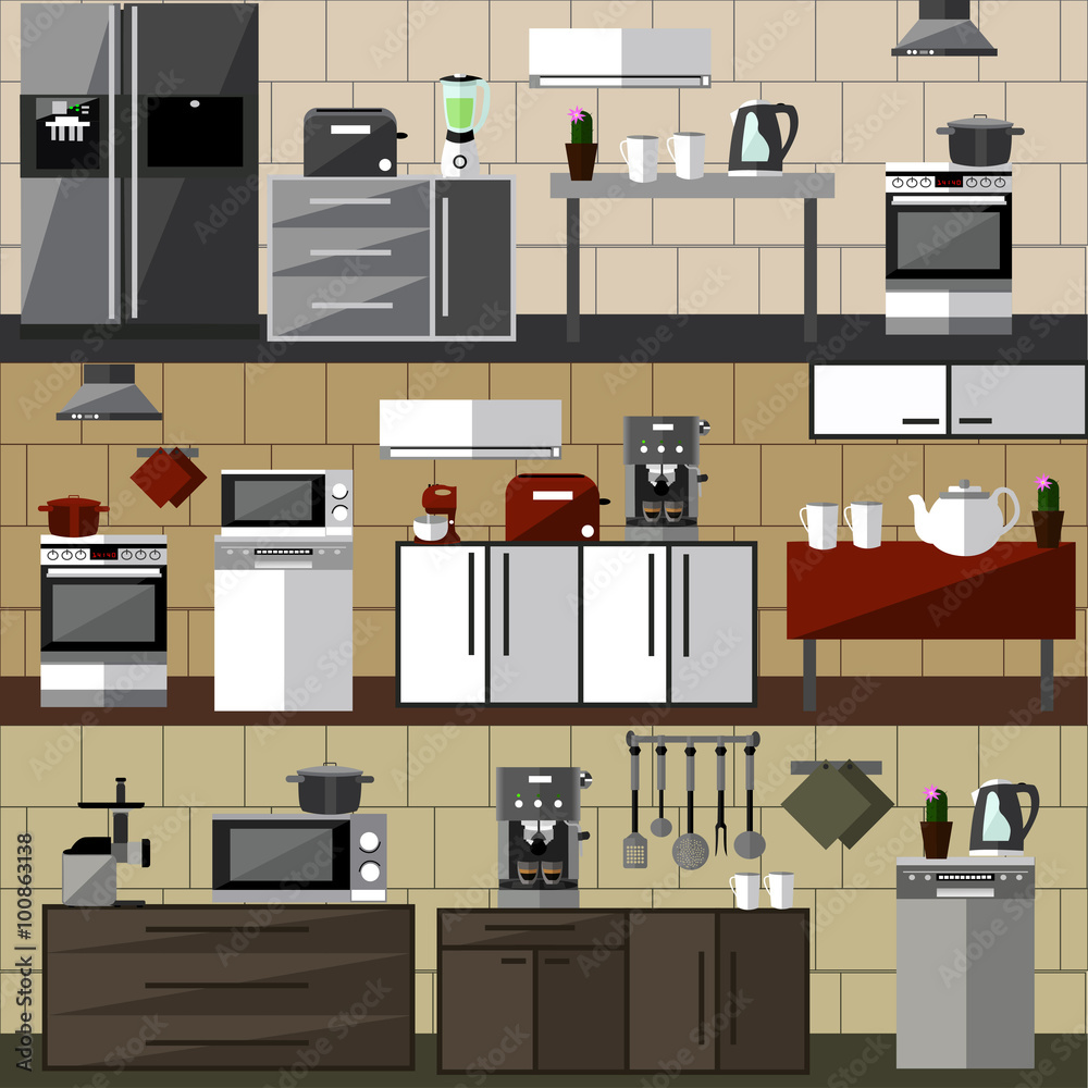 Modern kitchen interior set. Vector illustration in flat style design ...