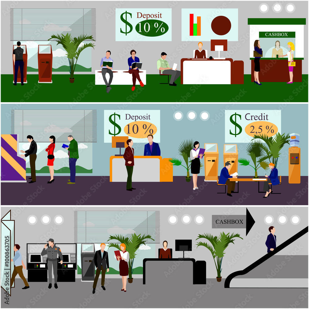 Horizontal vector banners with bank interiors. Finance and money ...