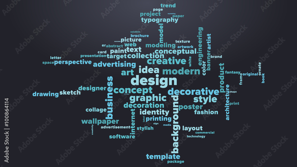 DESIGN word cloud. Dark blue tag cloud. Vector graphics illustration ...