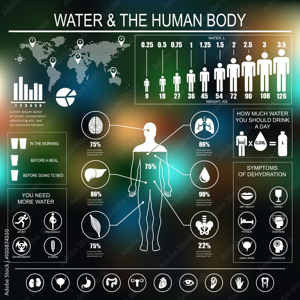 Water and human body infographic on dark background Stock Illustration ...