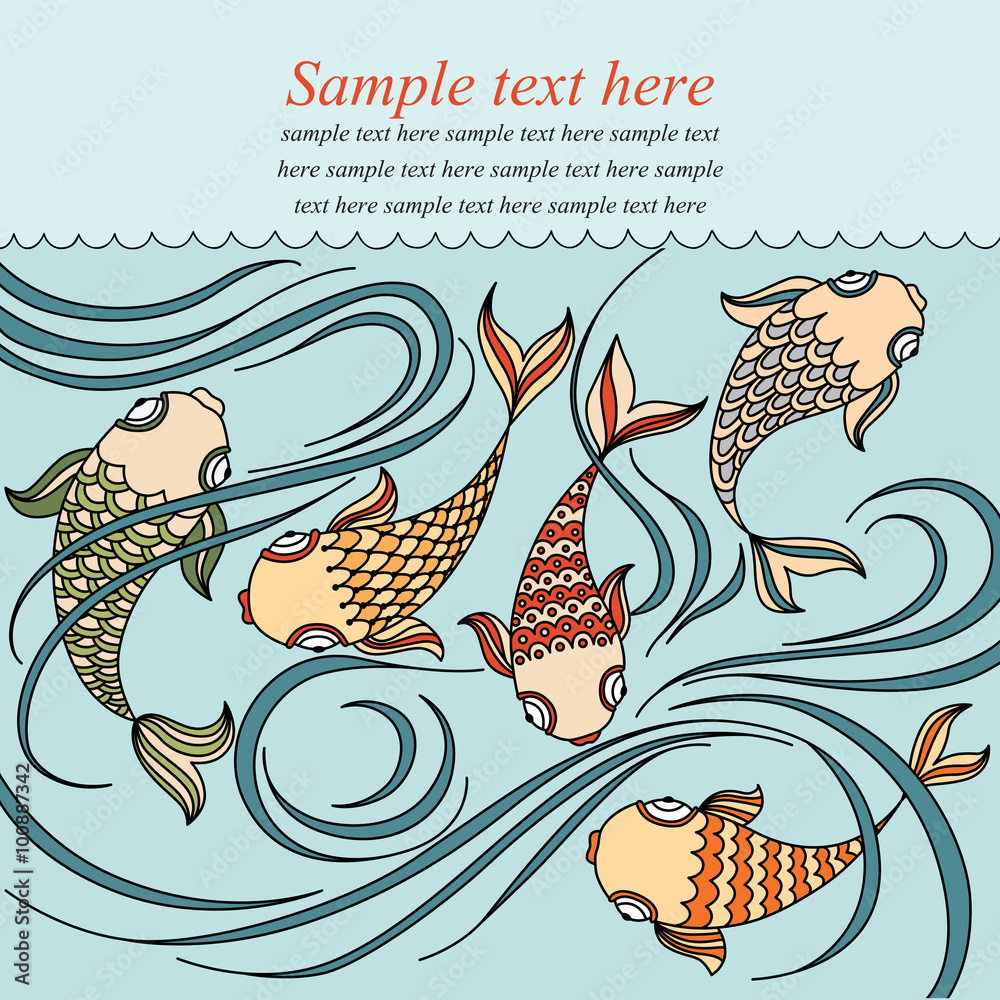Vector banner with floating fish in the sea, waterlily and place for ...