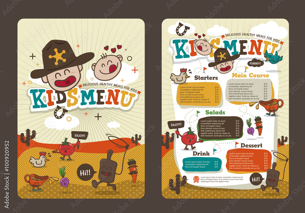 Cute colorful kids meal menu vector template with cowboy cartoon Stock ...