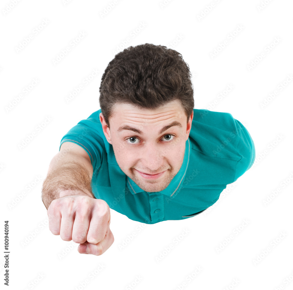 Flying man front view. Smiling curly-haired guy is flying in Sup Stock ...