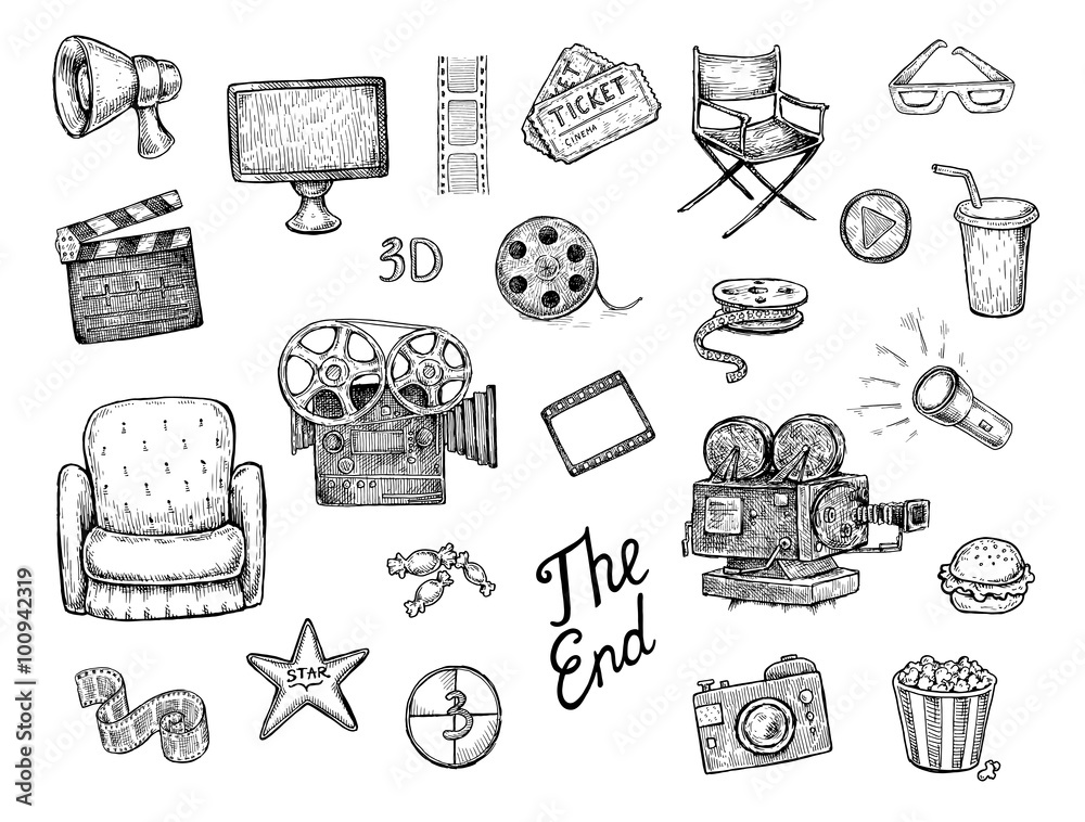 Set of black and white hand drawn cinema (movie) objects and sym Stock ...