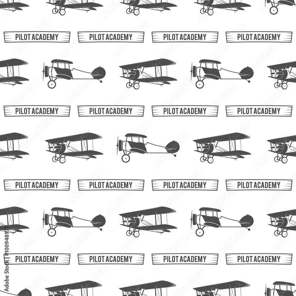 Vintage pilot academy pattern. Old Biplanes seamless background with ...