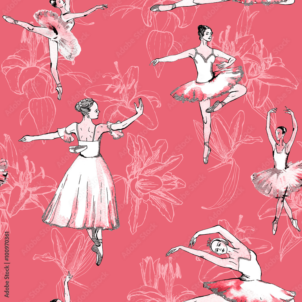 Seamless pattern of ballet dancers and white lilies, freehand drawing ...