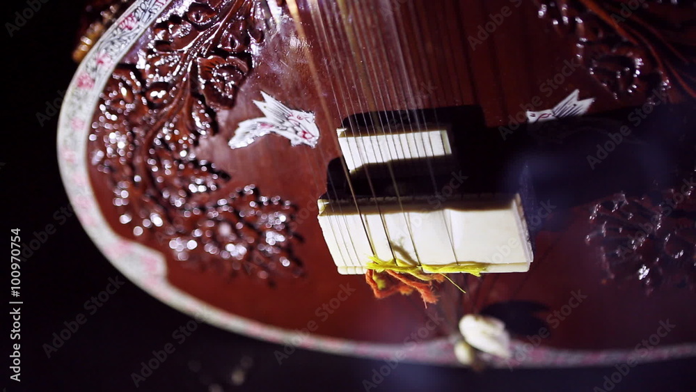 Sitar, a String Traditional Indian Musical Instrument, close-up, blue ...