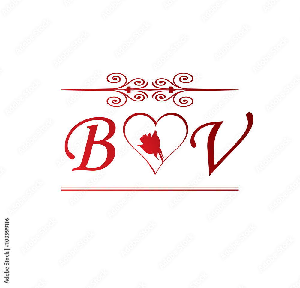BV love initial with red heart and rose Stock Vector | Adobe Stock