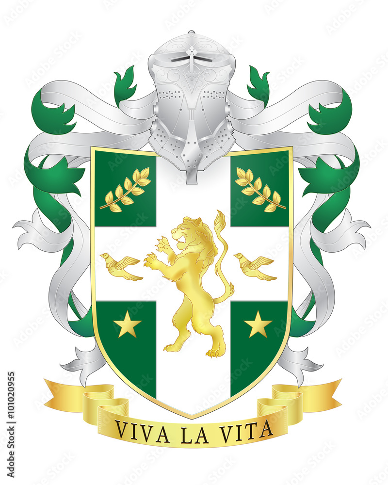Heraldry coat af arms with gold lion, dove, shield and helmet. Stock ...