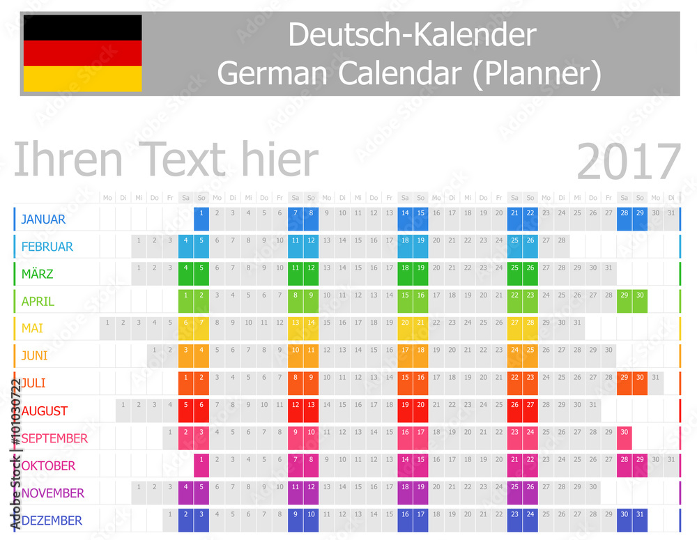 2017 German Planner Calendar with Horizontal Months on white background ...