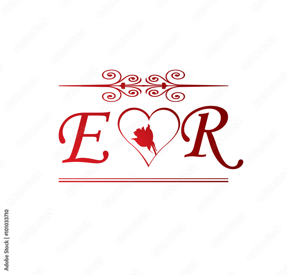 ER love initial with red heart and rose Stock Vector | Adobe Stock