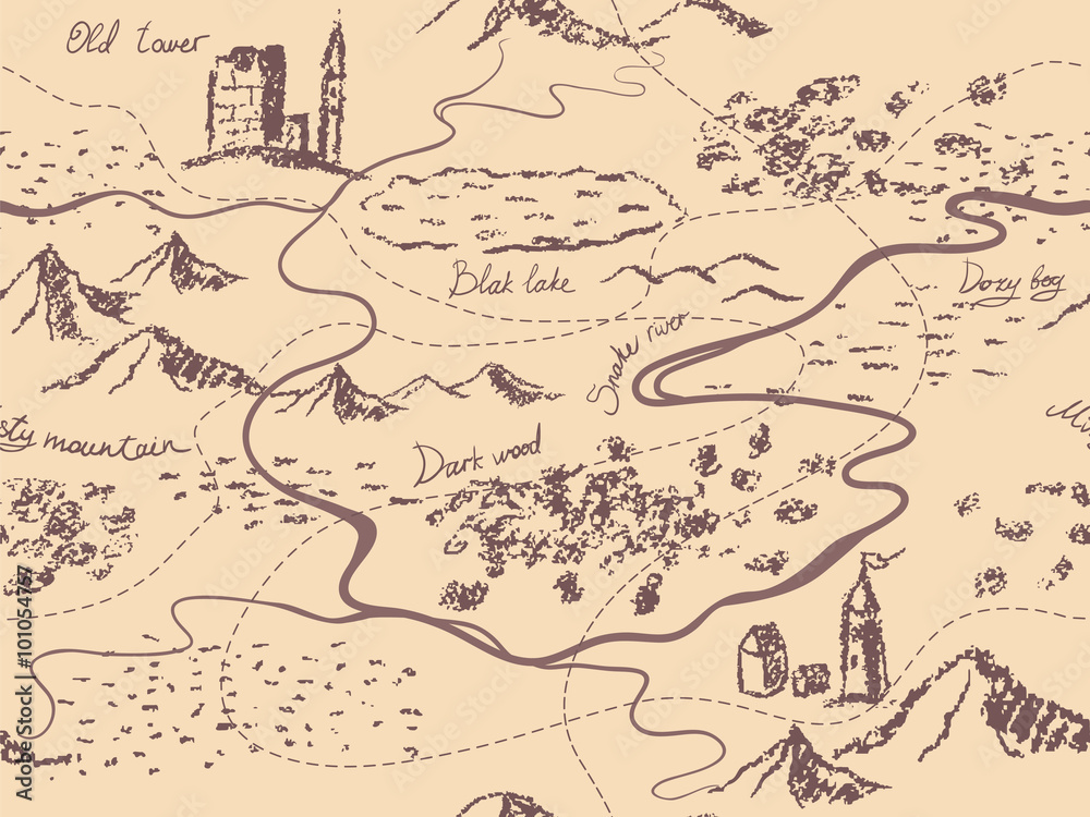 Aged fantasy vintage seamless map with mountains, buildings, trees ...