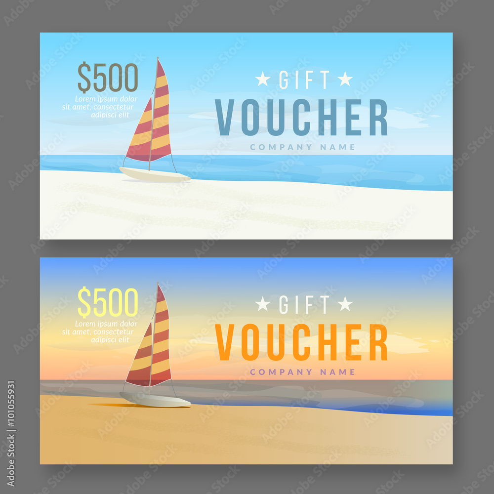 Daytime and sunset at seaside. Gift Voucher Template. Stock Vector ...
