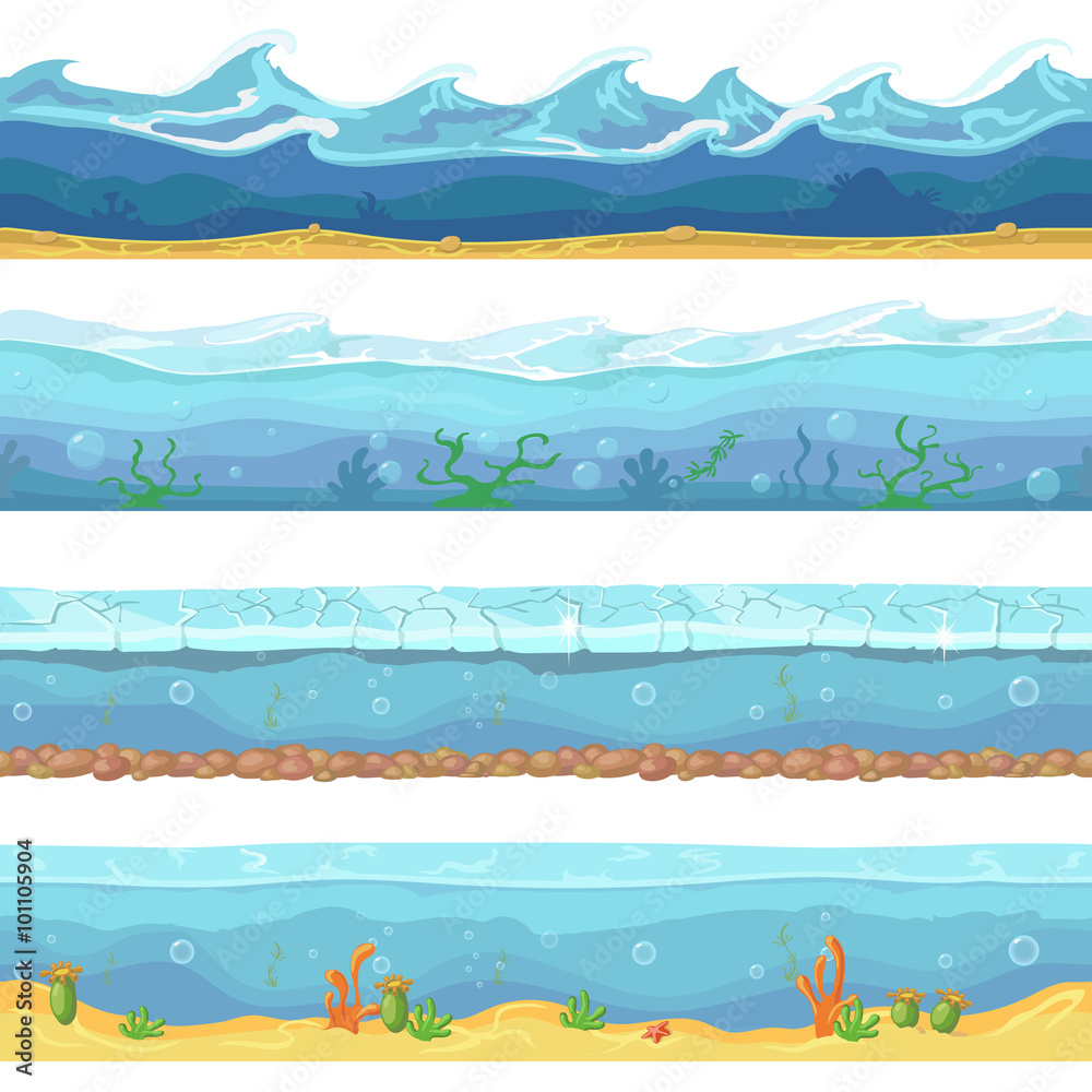 Water waves or ocean, sea seamless backgrounds set for ui game design ...