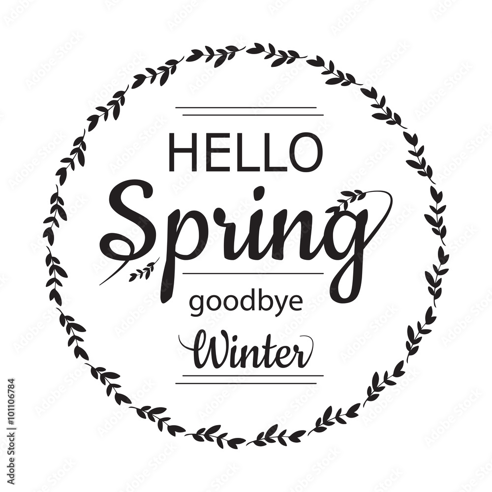 Hello Spring goodbye winter card design with elegant branch round frame ...