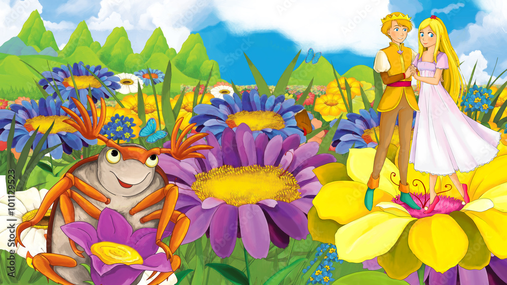 Cartoon scene with prince and princess on flowers - image for different ...