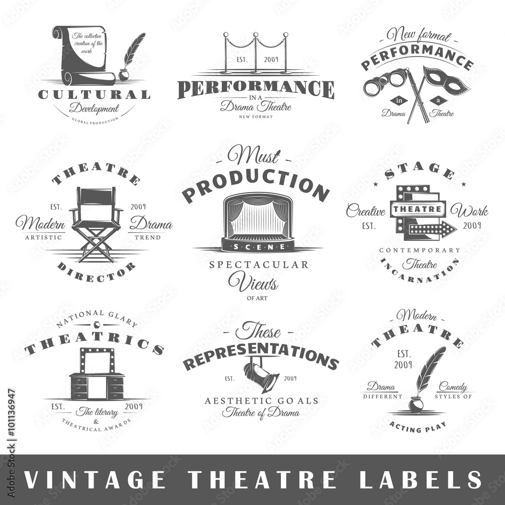 Set of theatre labels. Elements for design on the theatre theme ...