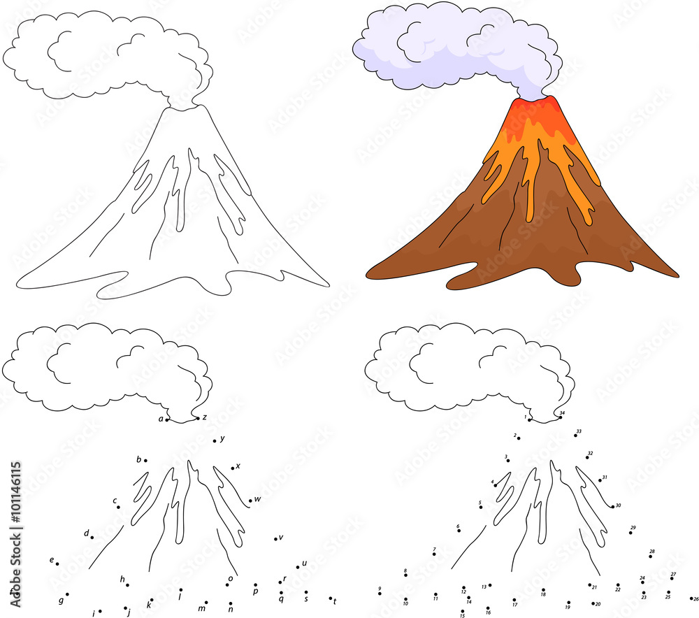 Cartoon erupting volcano. Vector illustration. Coloring and dot Stock ...