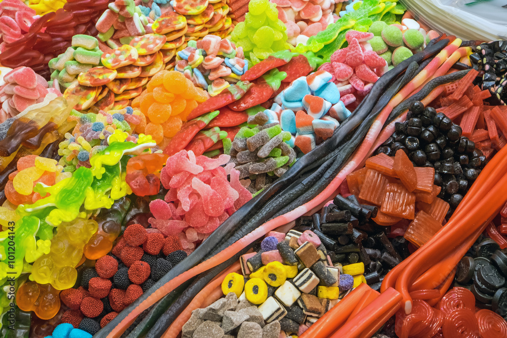 Great choice of candy at the Boqueria market in Barcelona Stock Photo ...