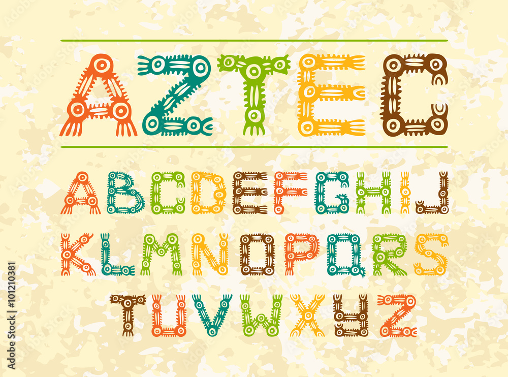 Aztec ancient ethnic colorful alphabet on grunge background Stock ...