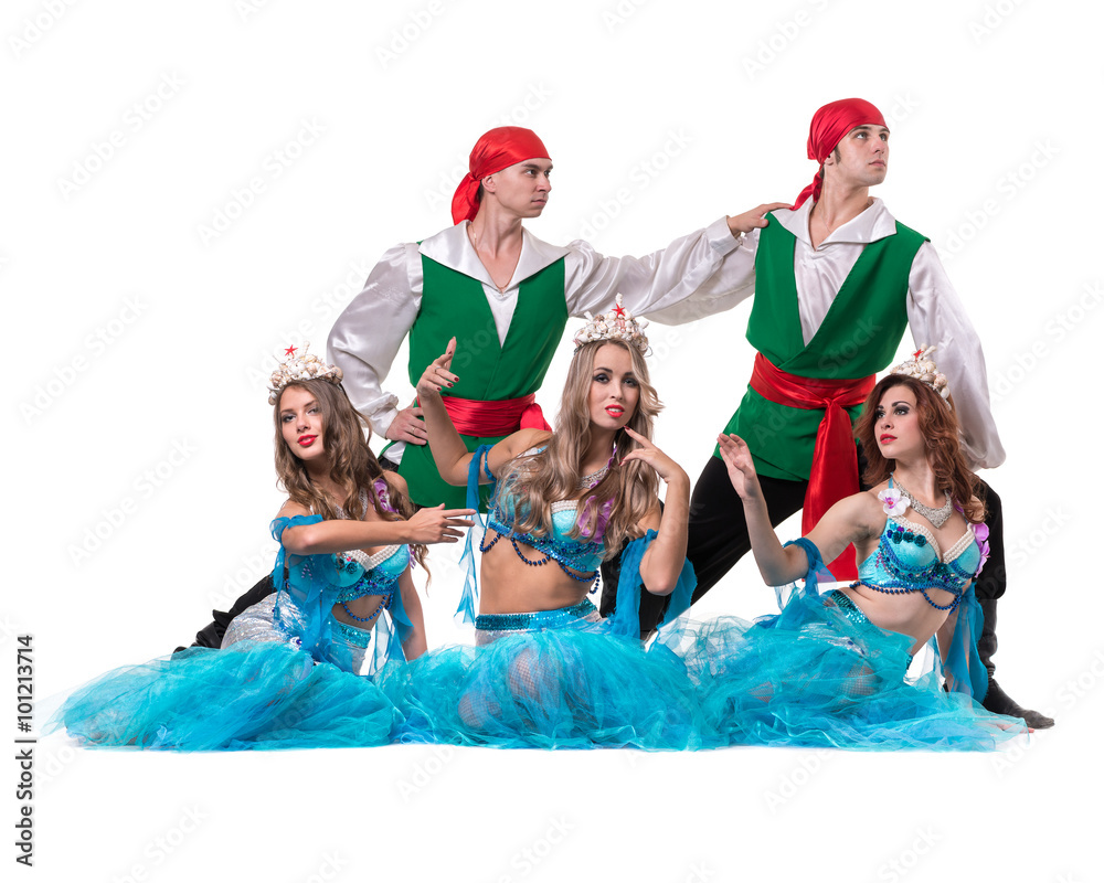 Carnival dancer team dressed as mermaids and pirates. Isolated on white ...