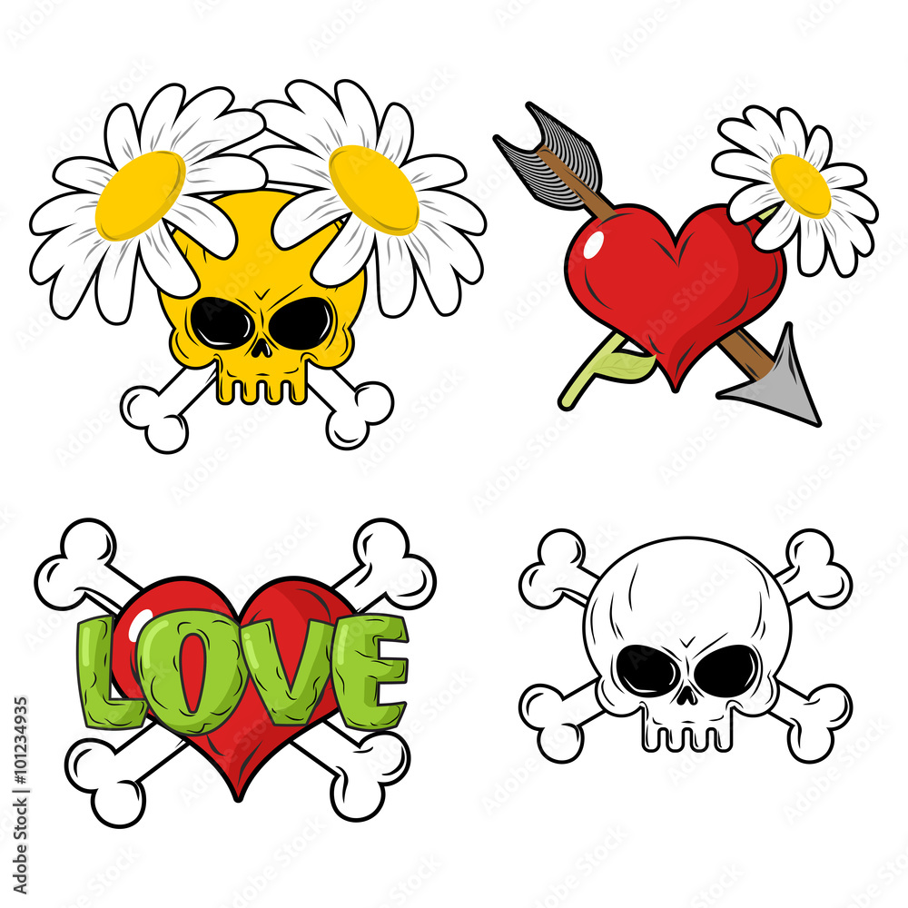 Love and death Set elements. Skull and red heart. Flower and arr Stock ...