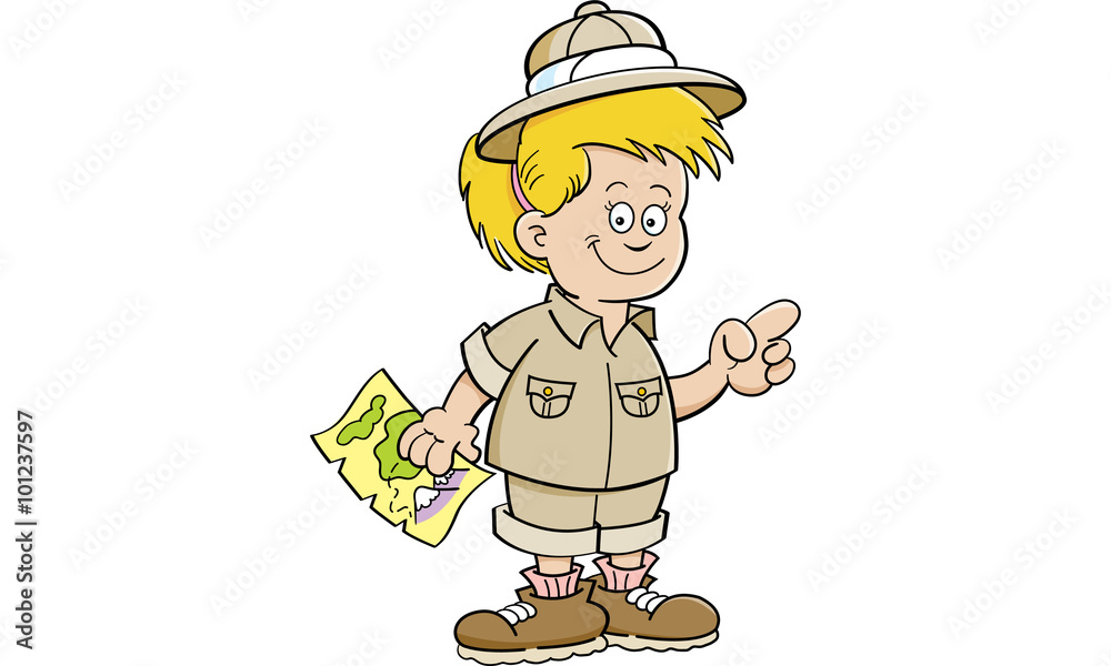 Cartoon illustration of a girl explorer holding a map and pointing ...