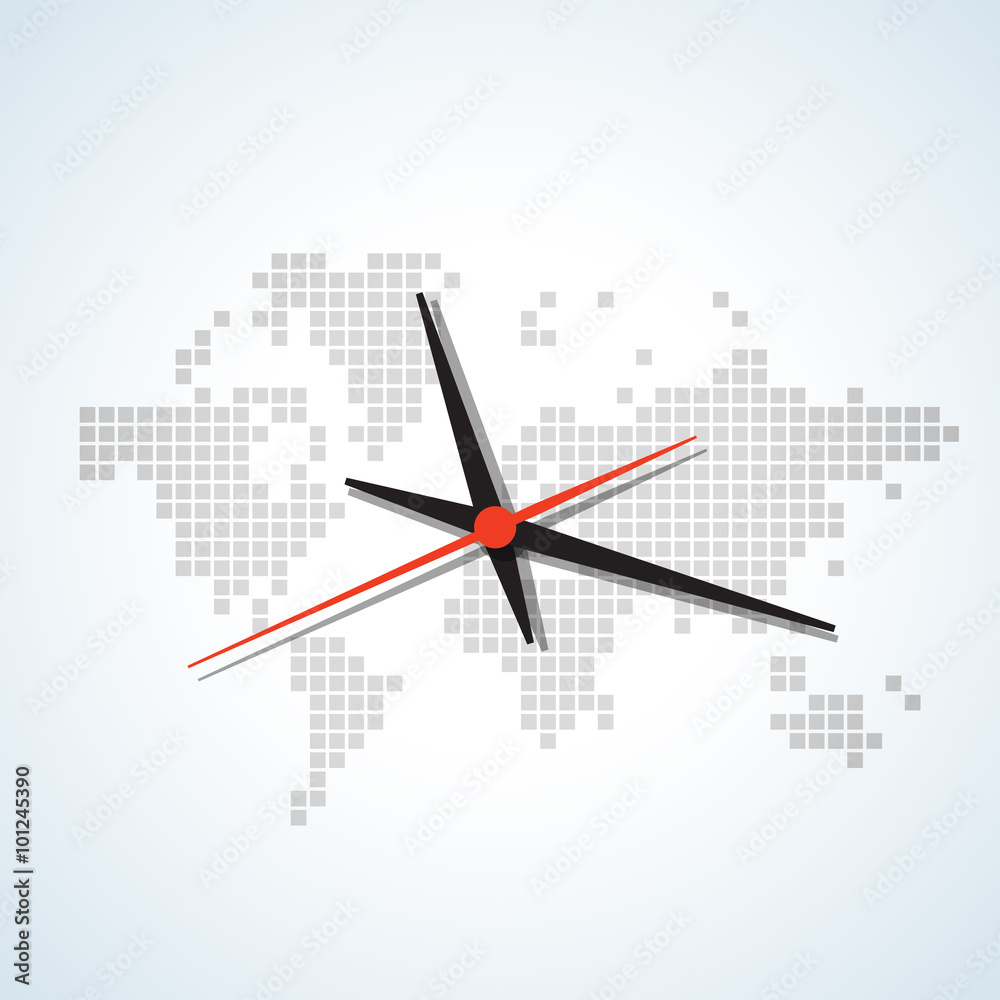 Image of a wall clock on a background map of the world with continents ...