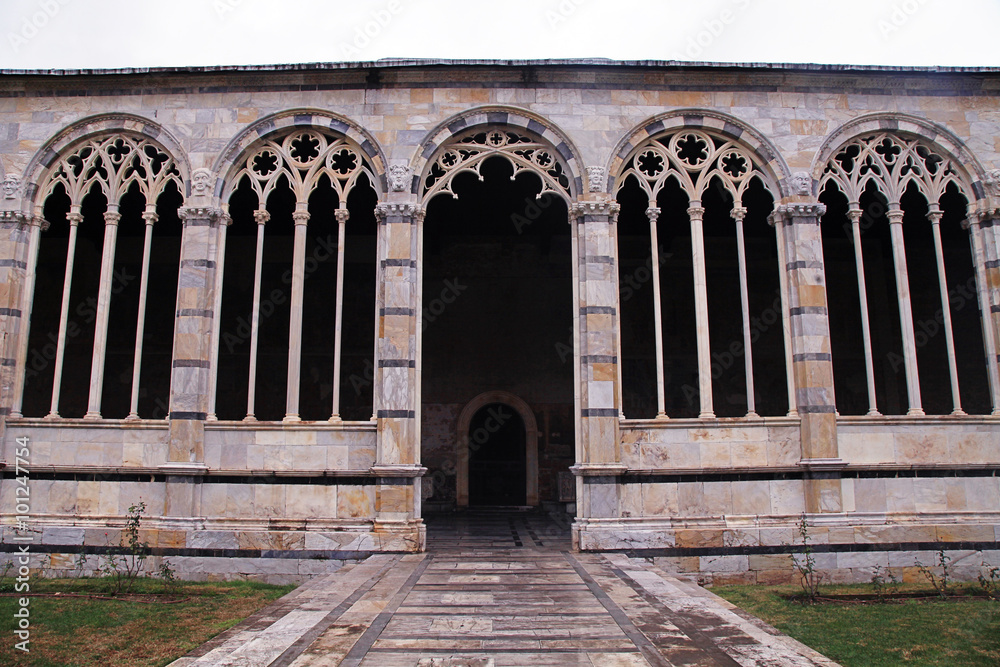 Gothic windows with traceries on Monumental cemetery Composanto, Stock ...