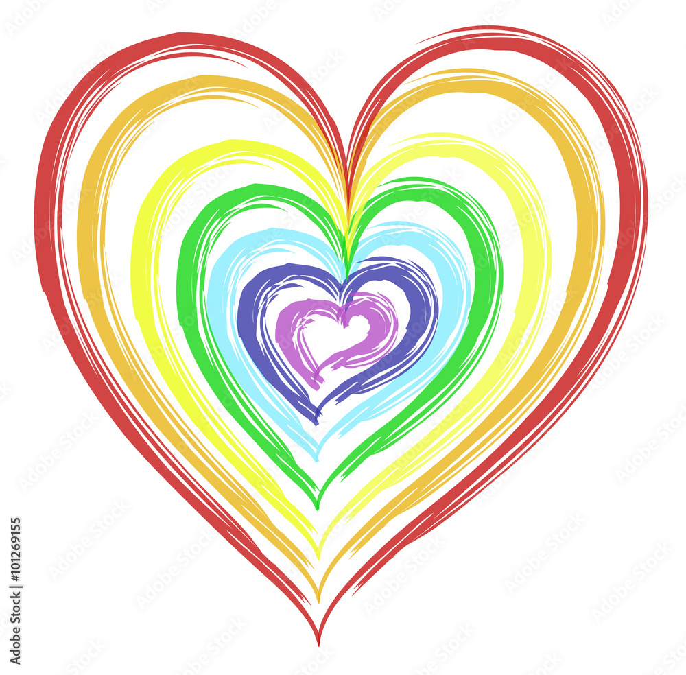 Watercolored heart painted in the seven rainbow colors red, orange ...