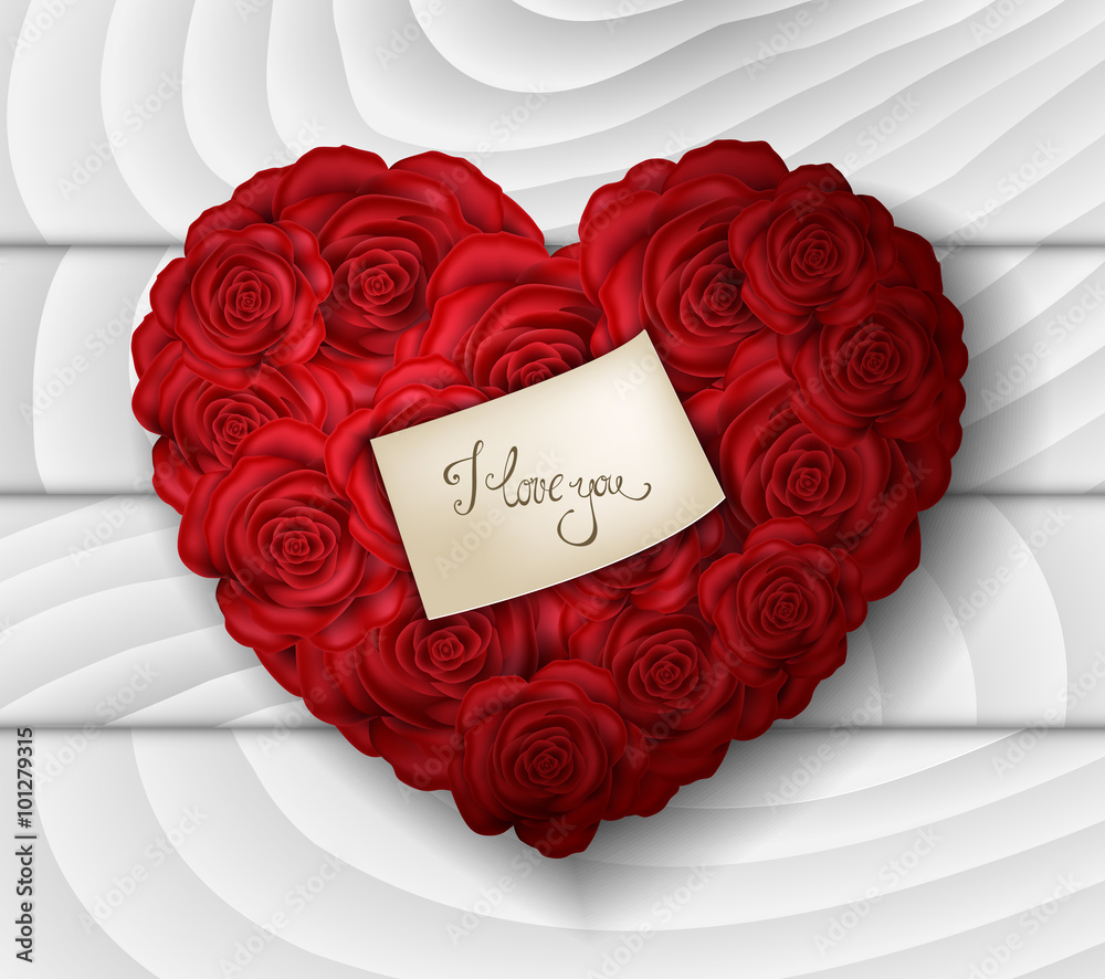 Red rose heart with love message on white wood background Stock Vector ...