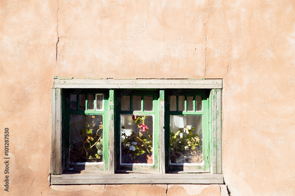 Santa Fe Canyon Rd arts district Adobe Window with Geraniums Stock ...