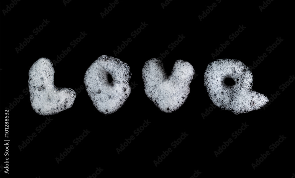 Word Love written soap foam bubbles. Figure lather, suds, shower ...