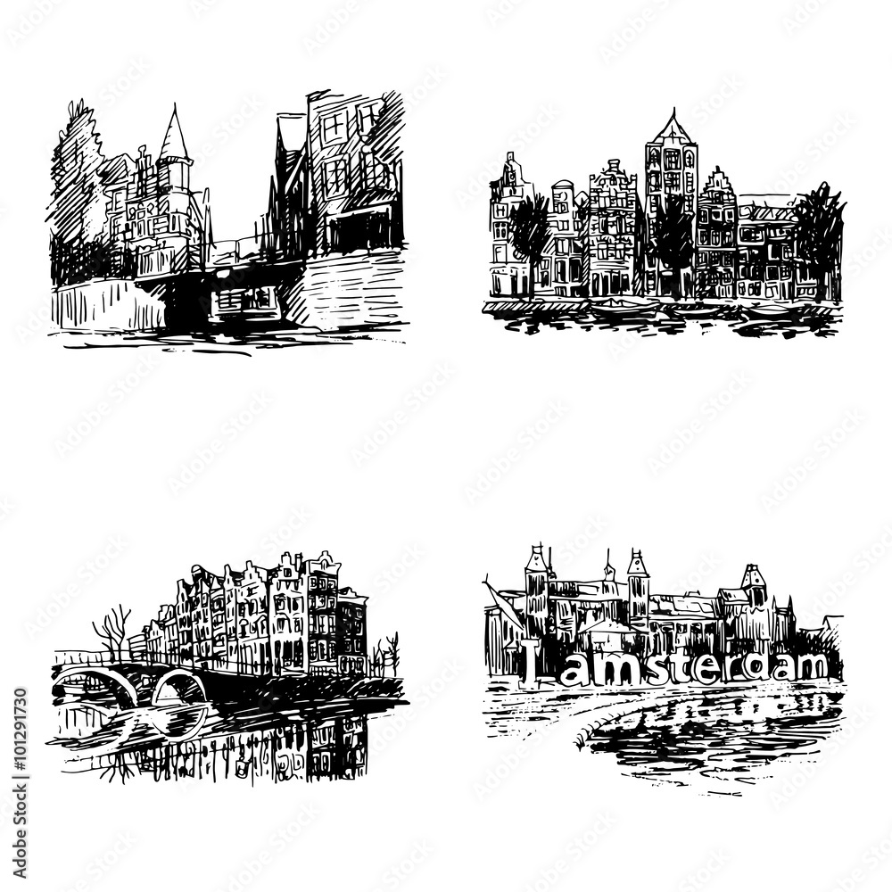 Landmarks in Amsterdam (Holland, Netherlands, Europe). Historical ...