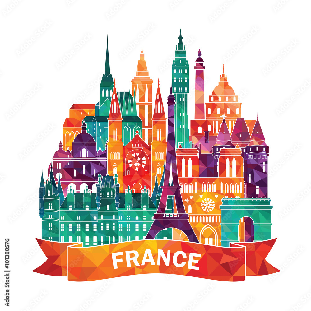 Poster France famous landmarks detailed skyline. Vector illustration ...