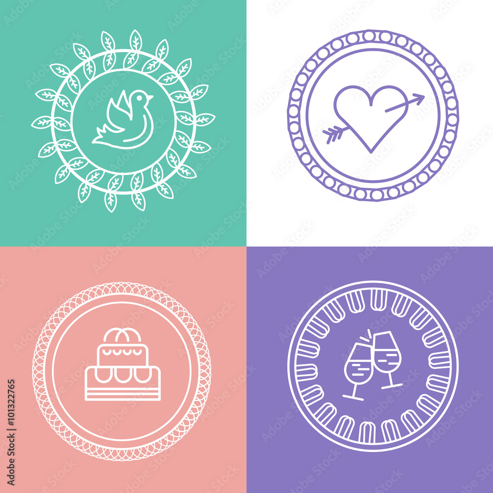 Linear wedding logos and icons. Outline design for invitations a Stock ...