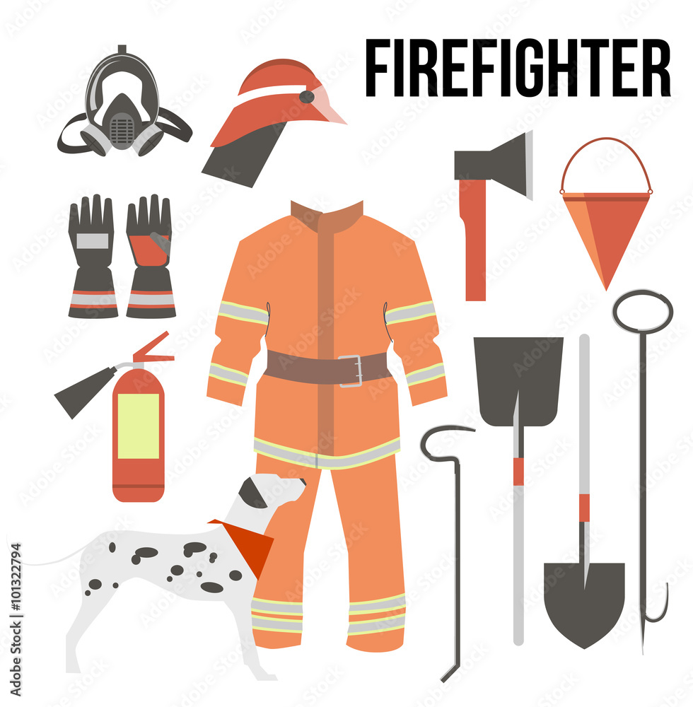 Fire-fighter elements set collection. firefighter mask, helmet, Stock ...
