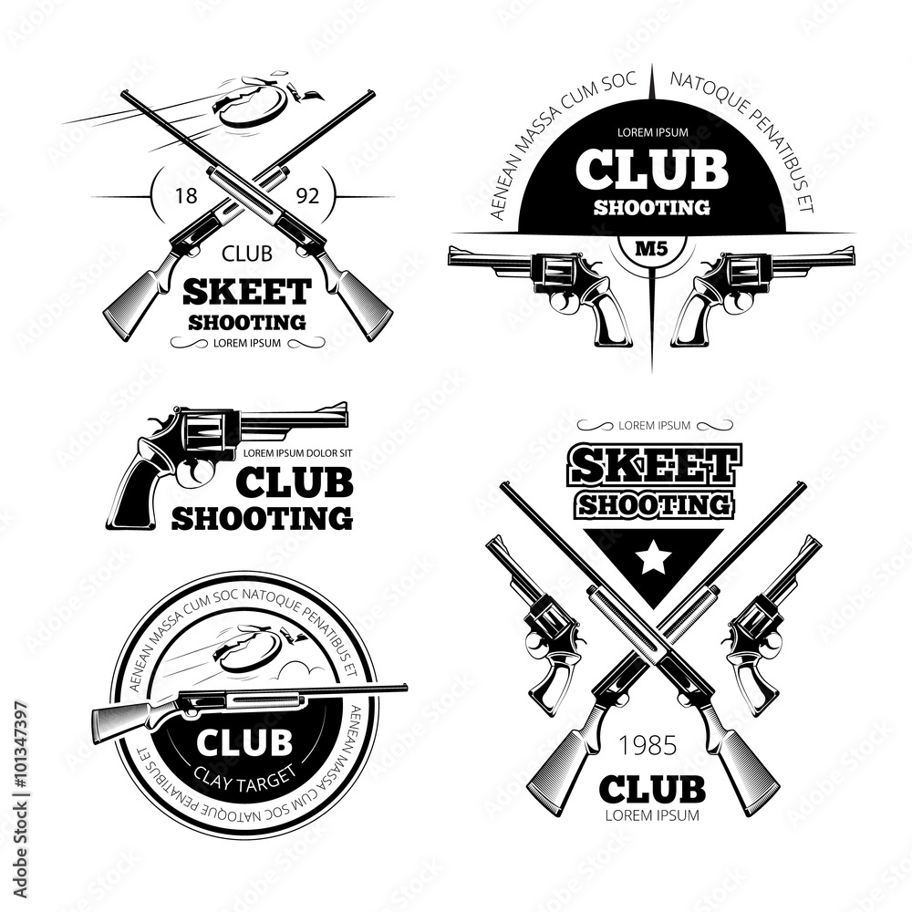 Vintage gun club labels, logos, emblems set. Badge and gun, weapon ...