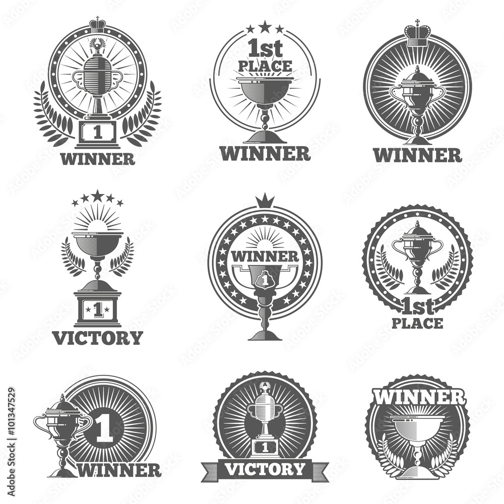 Victory trophies and awards vector logos, badges, emblems. Win cup ...