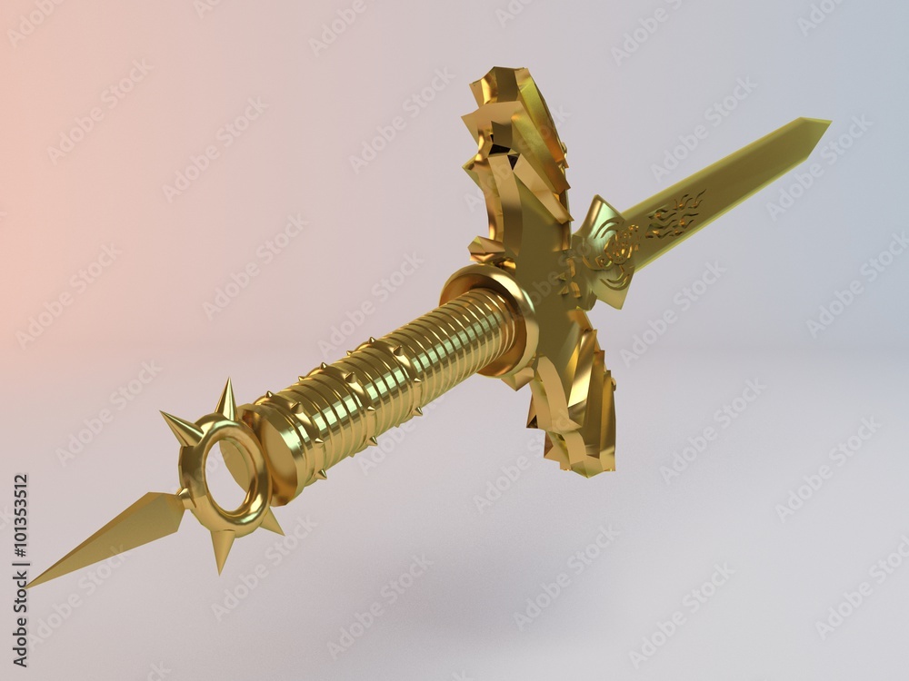 Fantasy detailed 3d Golden sword in a white stage. Stock Illustration ...