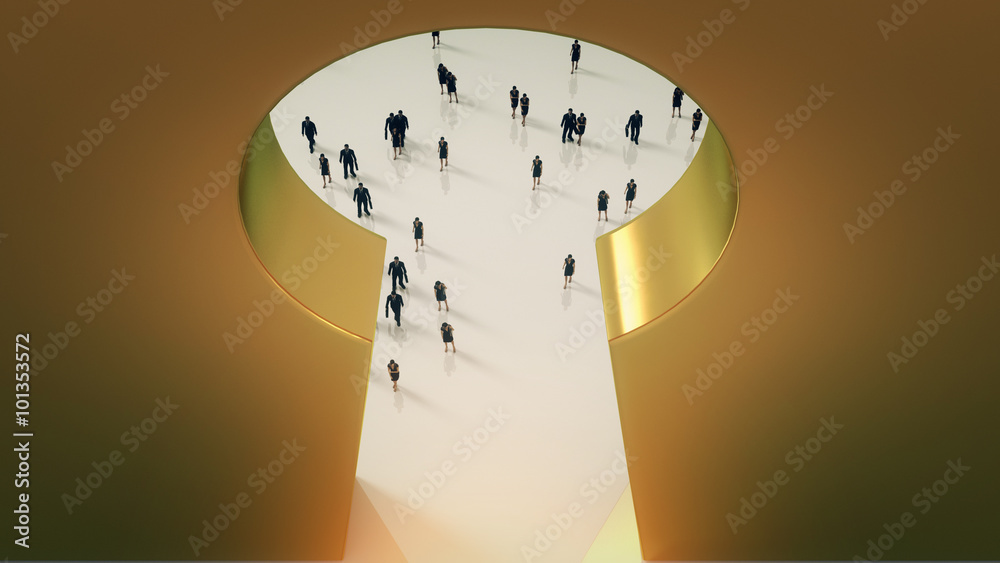 Group of tiny business men and women people walking into a gate shaped ...