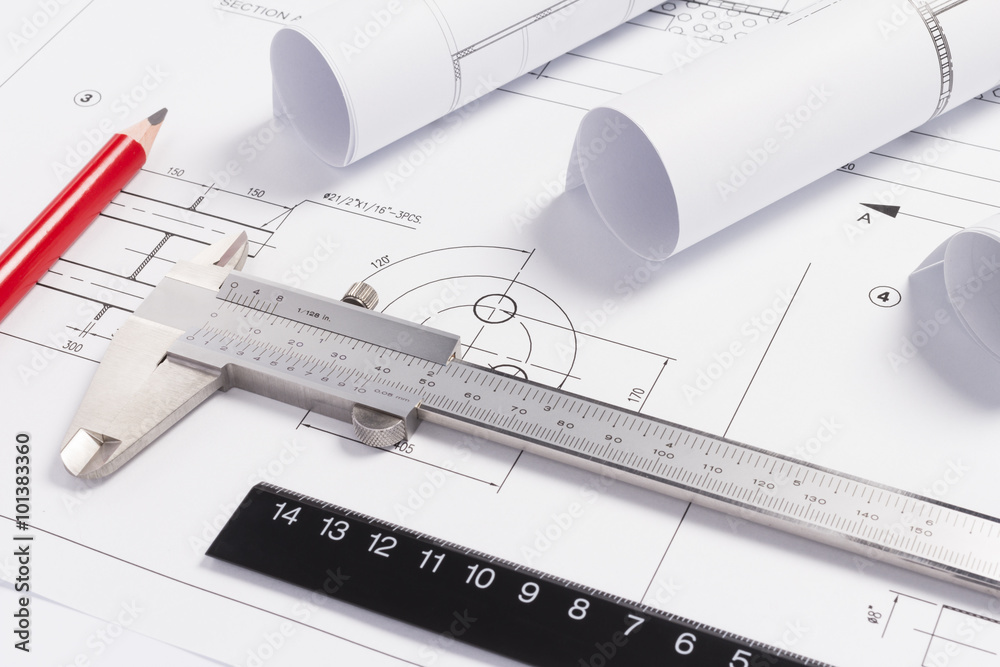 Engineering drawings, metal detail and vernier caliper. Stock Photo ...