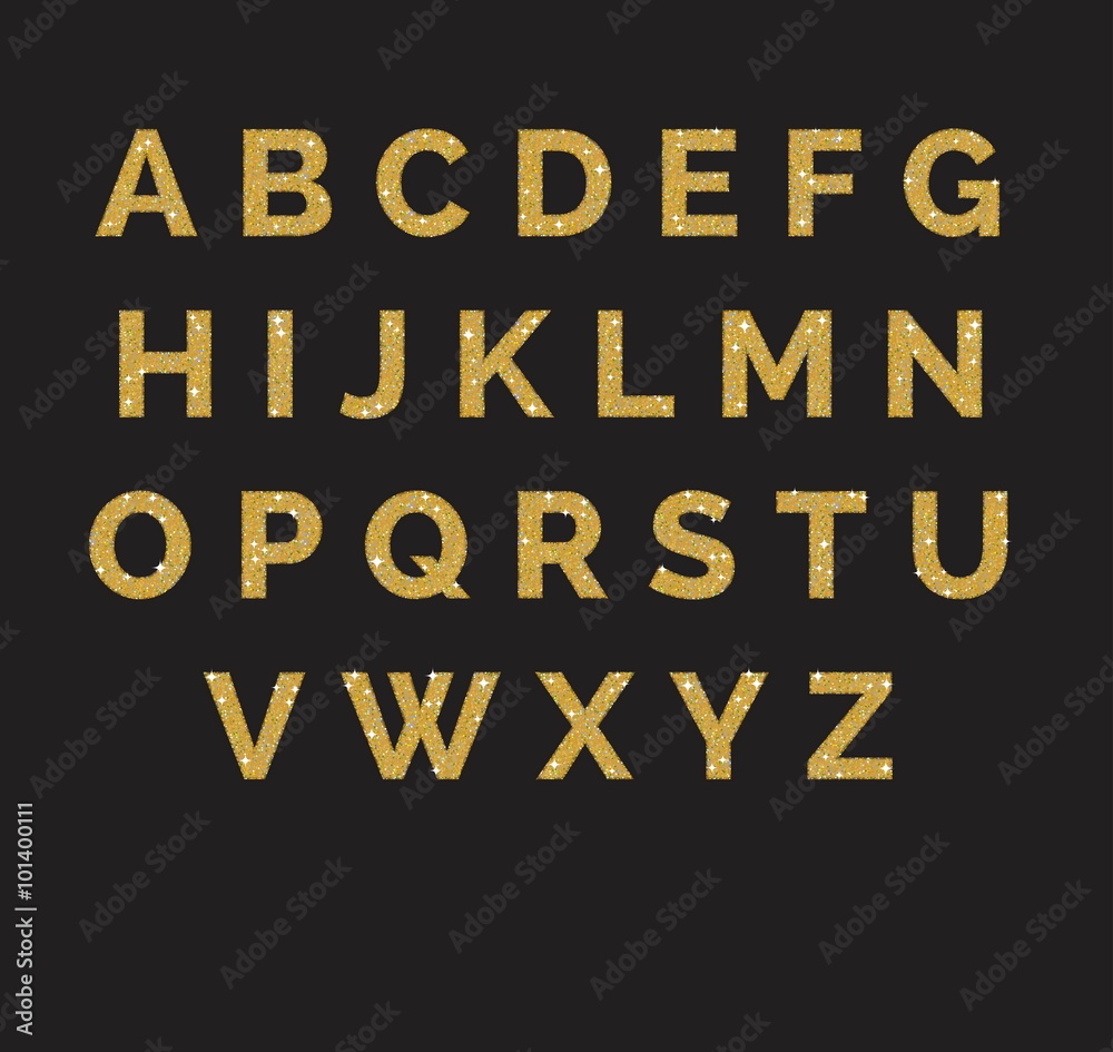 Stylized sparkling golden glitter fancy latin abc alphabet. Use letters ...