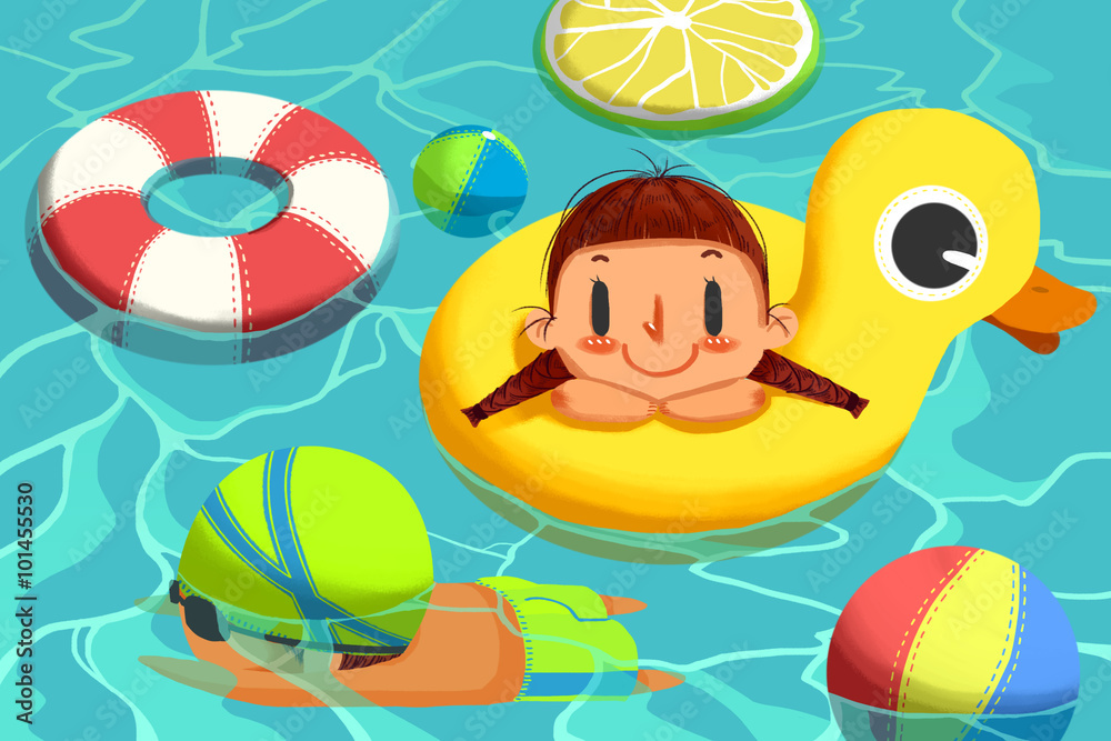Creative Illustration and Innovative Art: Cute Girl and Boy in Swimming ...