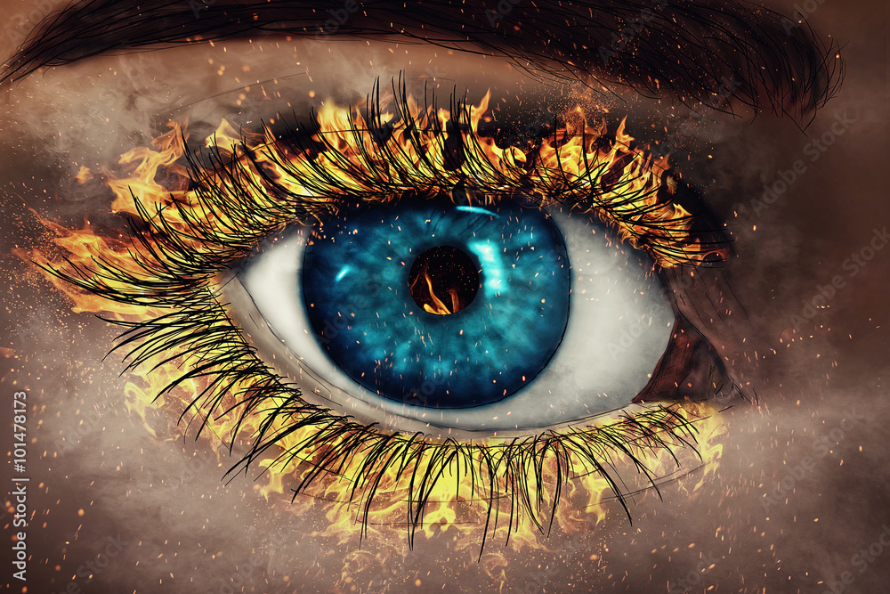 illustration of an painted eye in flames. eyebrows in fire. blue eye ...