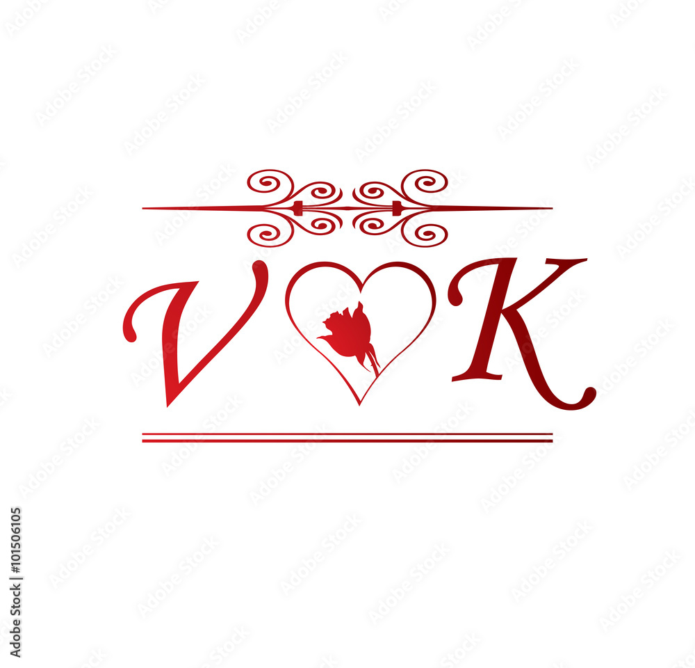 VK love initial with red heart and rose Stock Vector | Adobe Stock